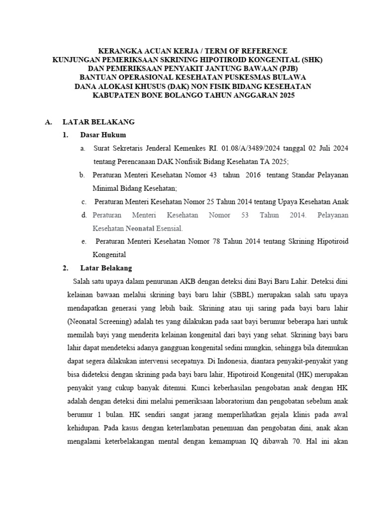 KERANGKA ACUAN KERJA PJB SHK Fiks | PDF