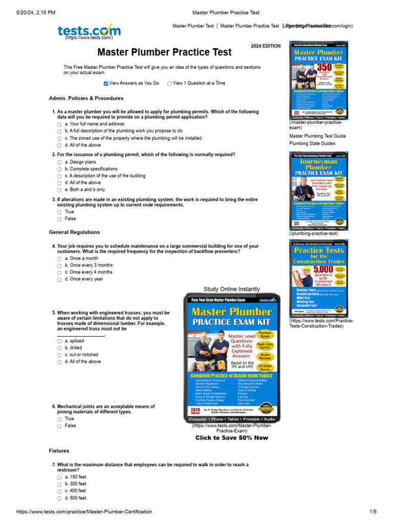 Master Plumber Practice Test MPLE Reviewer | PDF | Plumbing | Water Heating