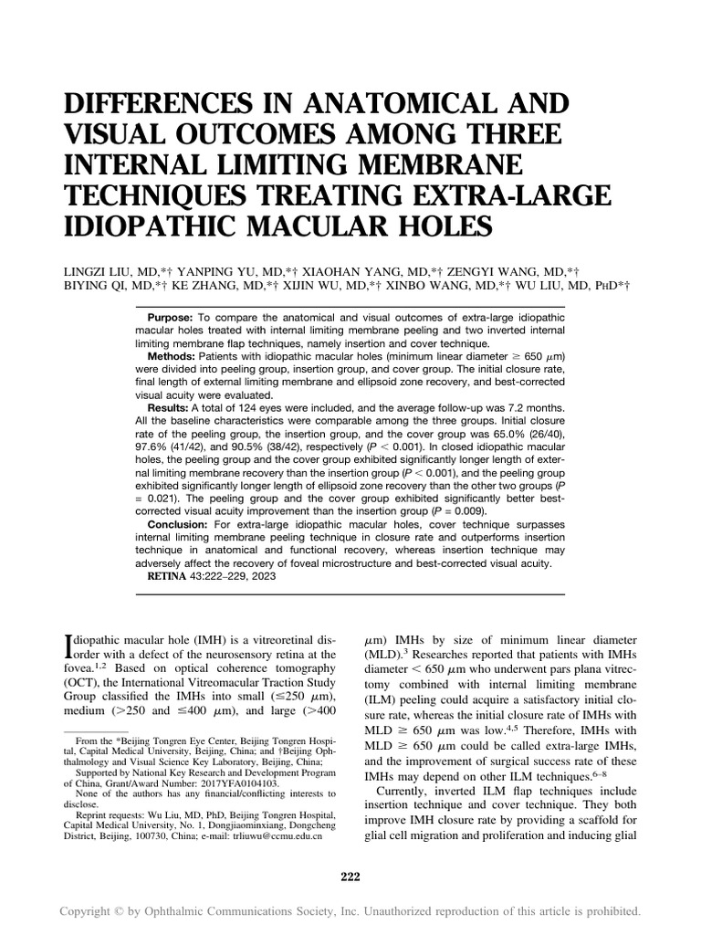 Differences in Anatomical and Visual Outcomes Among Three Internal Limiting Membrane Techniques ...