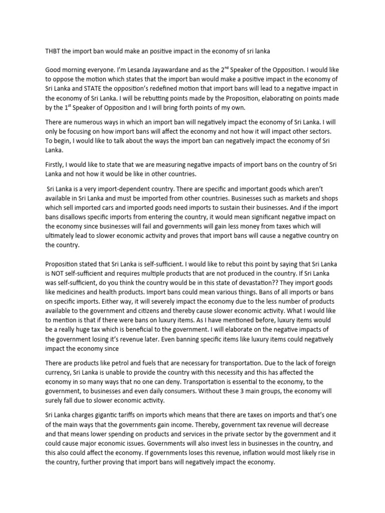 THBT The Import Ban Would Make An Negative Impact in The Economy of Sri ... THBT The Import Ban Would Make An Negative Impact in The Economy of Sri ...
