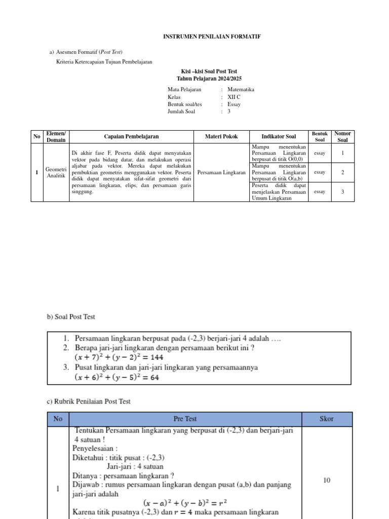 INSTRUMEN PENILAIAN FORMATIF (Post Test) | PDF | Metode & Bahan Ajar