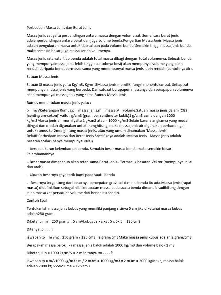 Perbedaan Massa Jenis Dan Berat Jenis | PDF