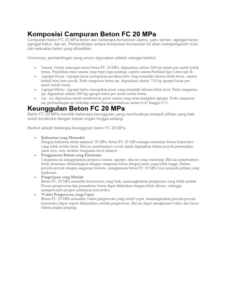 Komposisi Beton FC 20 MPa dan Keunggulannya | PDF | Griya & Taman