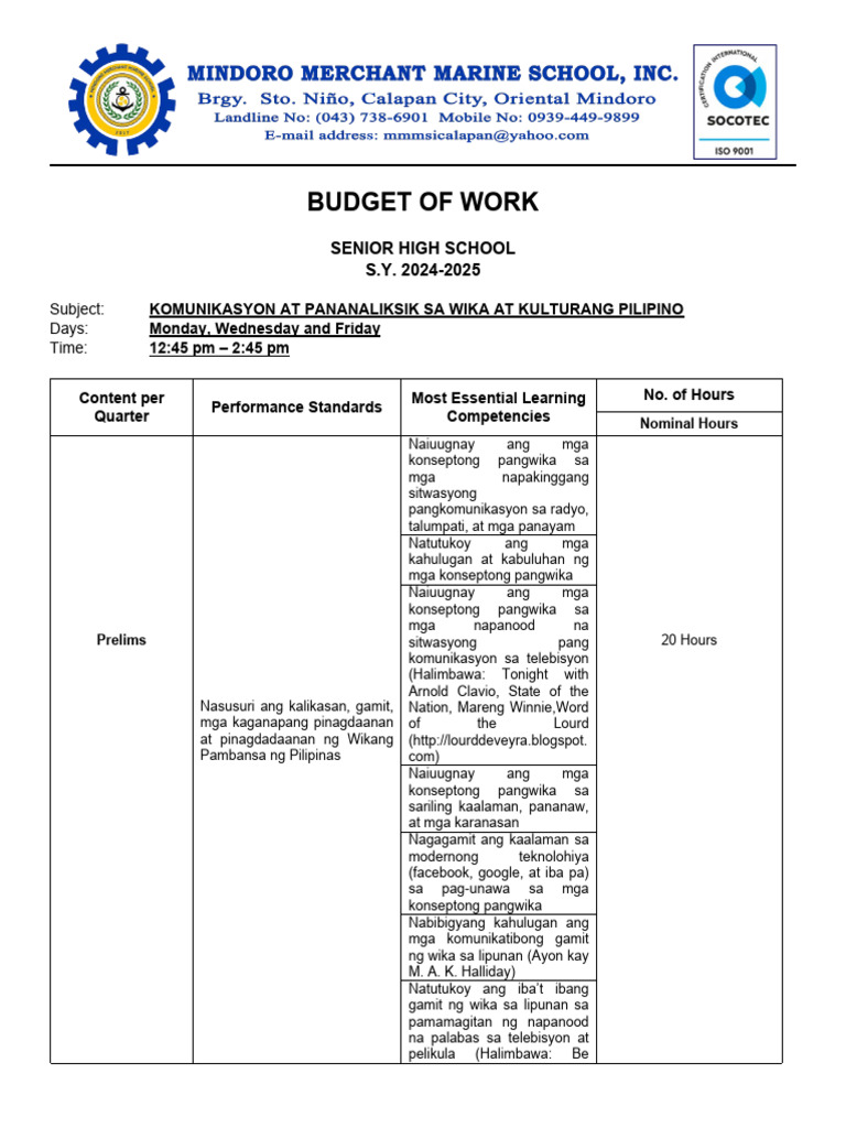 BUDGET of WORK (Fil1) Core Subject | PDF