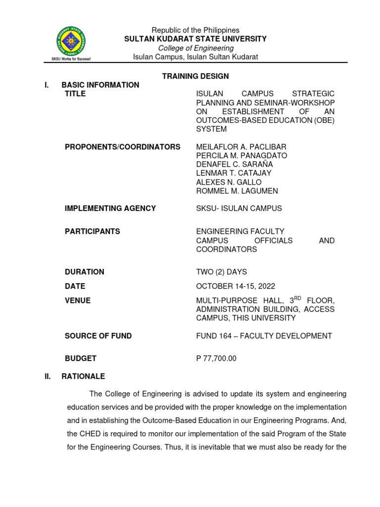 Training Design OBE and Strat Plan | PDF | Strategic Planning