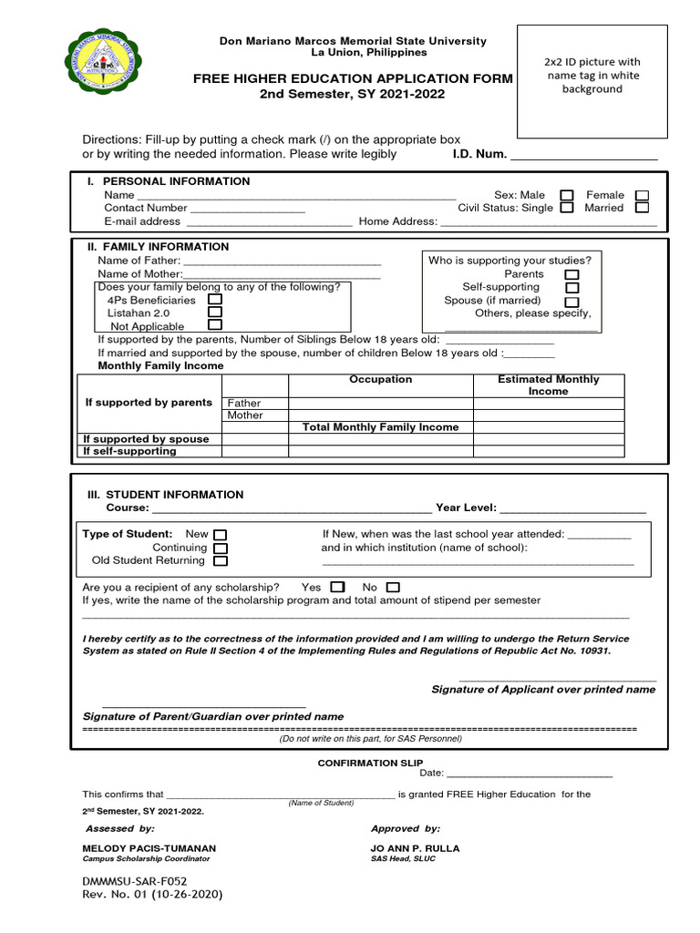 Sar f052 Free Higher Education Form 1 | PDF