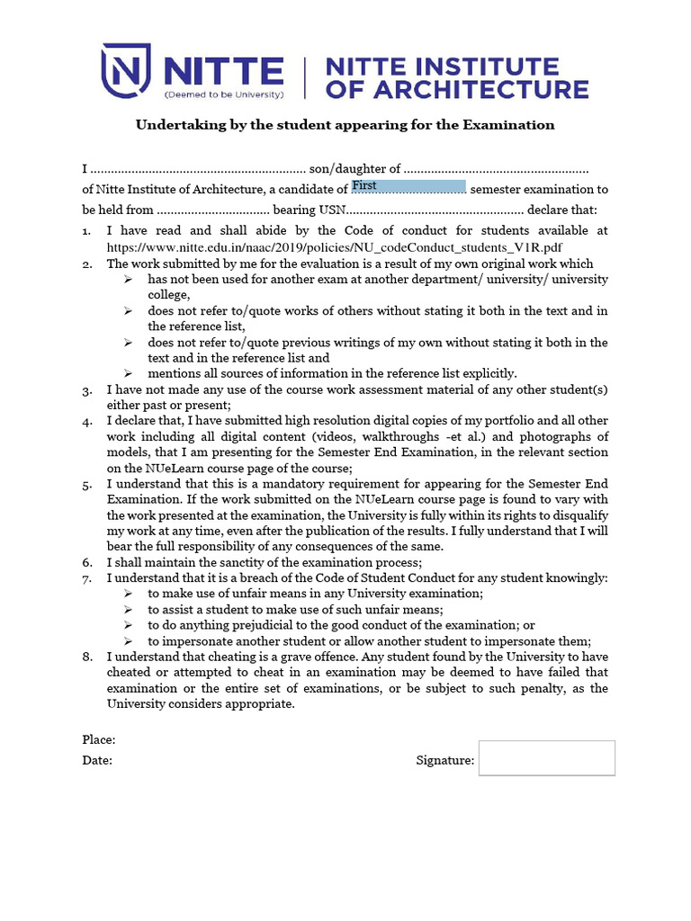 Undertaking Form - Semester End Examinations - May-June 2024 | PDF ...