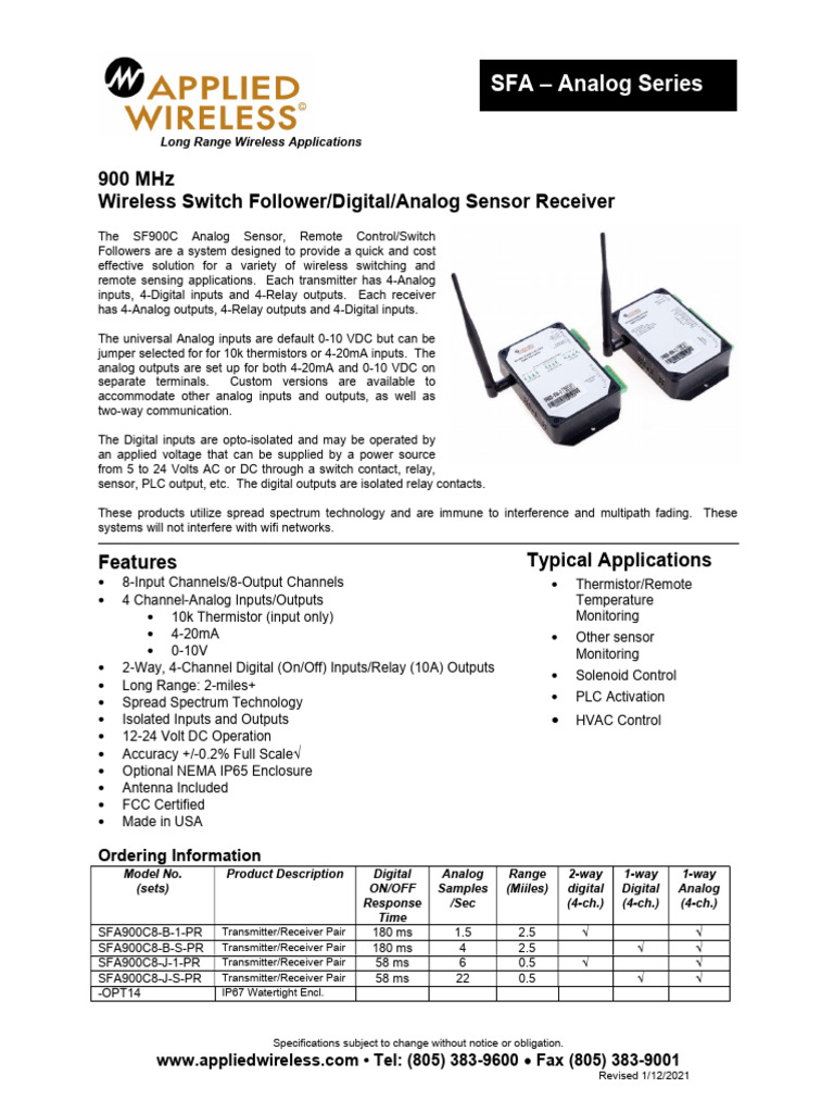 Applied Wireless Transmitter Data Sheet | PDF | Relay | Radio