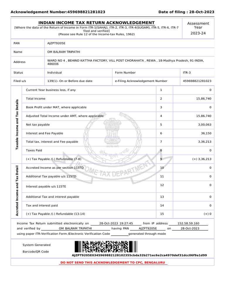 Itr Acknowledgement (2023-24) | PDF | Income | Public Finance