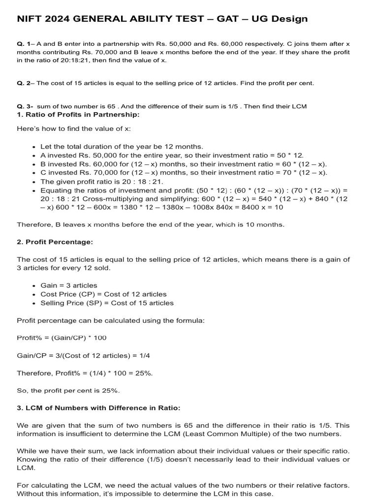 NIFT 2024 GAT Questions With Answers by Ignite India Education | PDF