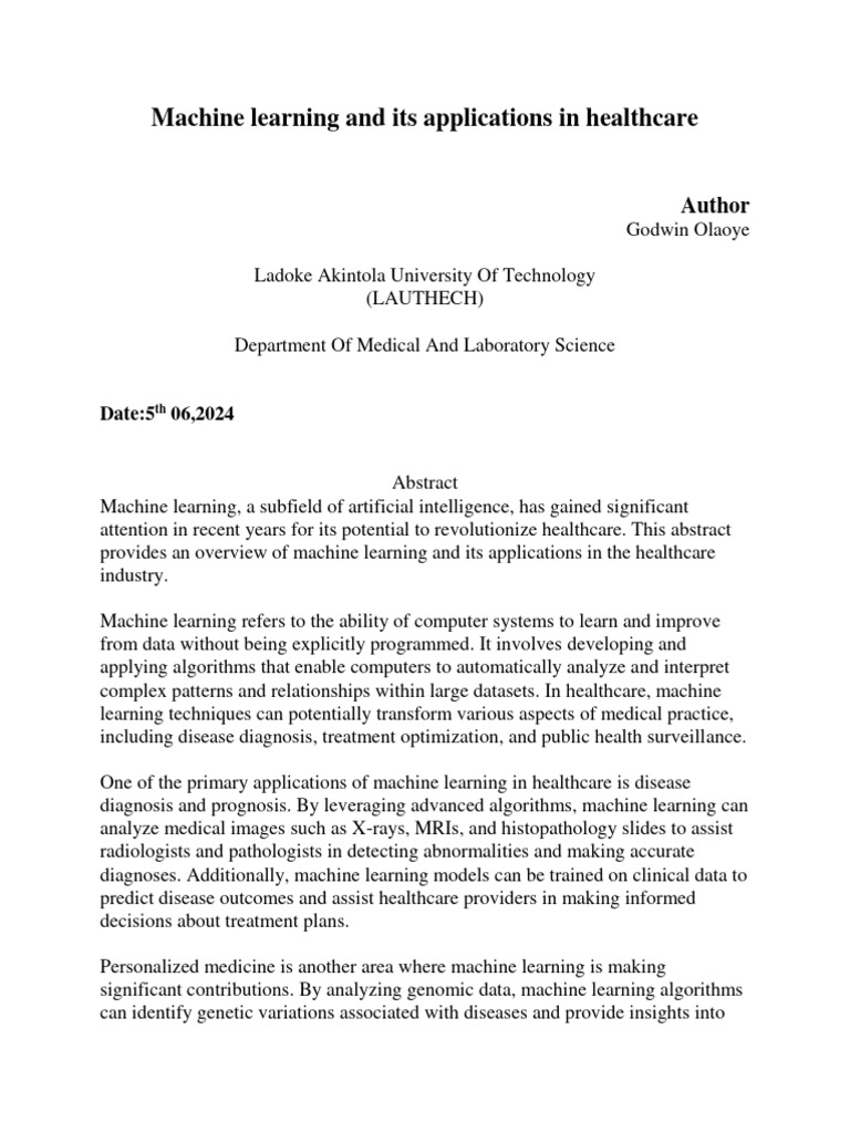 Machine Learning Applications in Healthcare | PDF | Machine Learning ...