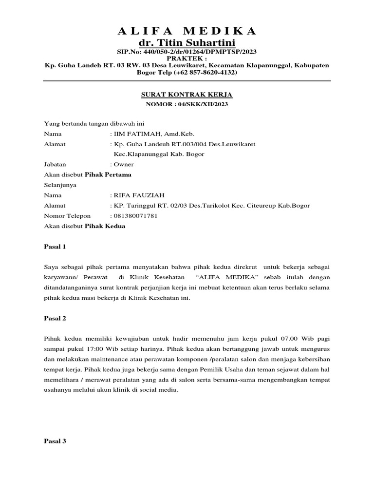 Surat Kontrak Kerja Klinik Pdf