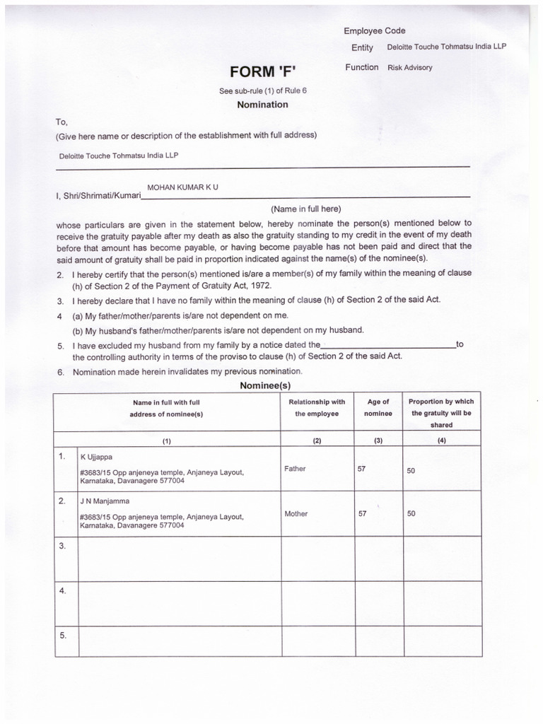 Gratuity Form F | PDF
