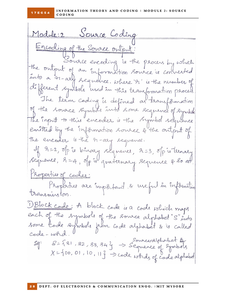 Module 2 17ec54 Source Coding Notes | PDF | Information | Science