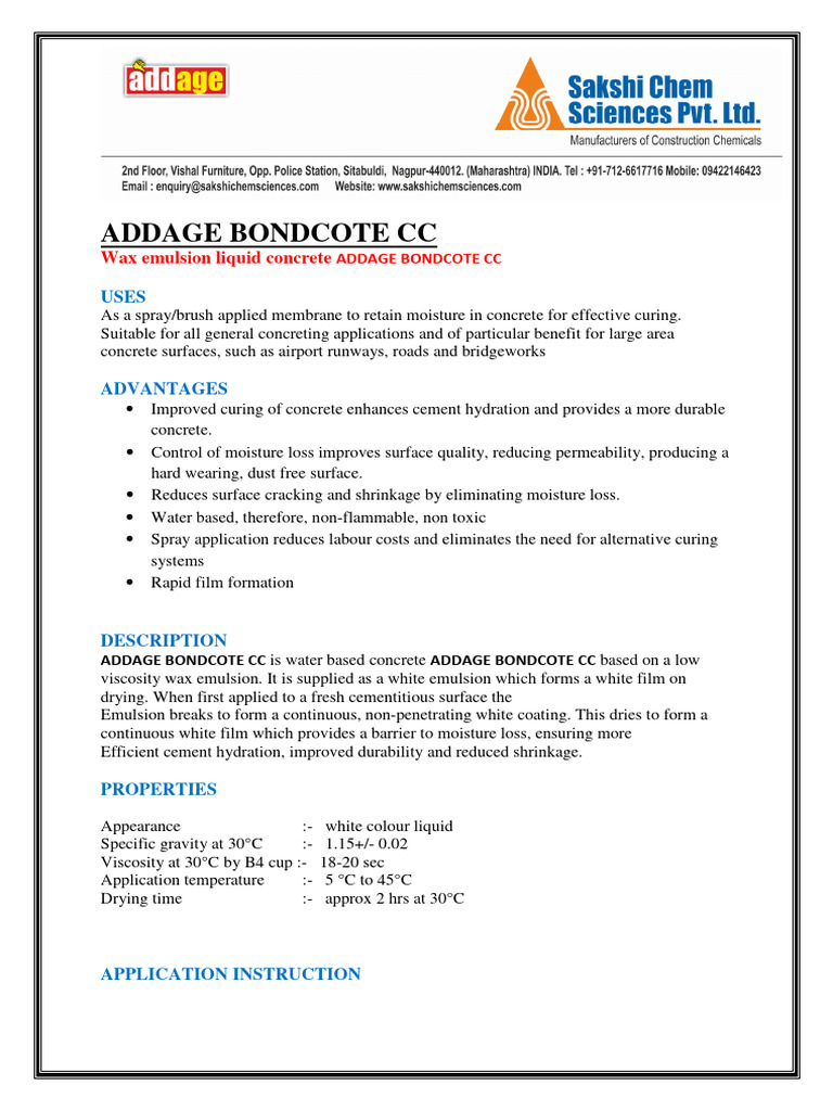 ADDAGE BONDCOTE CC (CURING COMPOUND WE) - LHGLK | PDF | Concrete | Cement