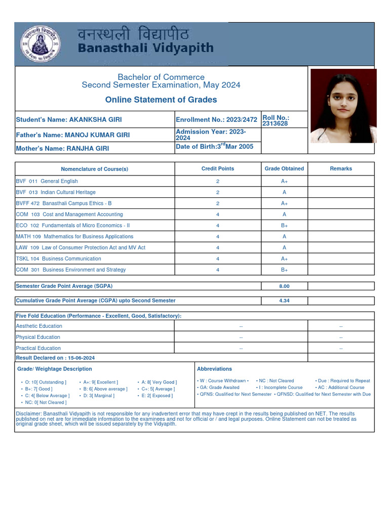 OnLineGradeSemester WBBHC23019 BHC 2023-2024 20240715172855 | PDF