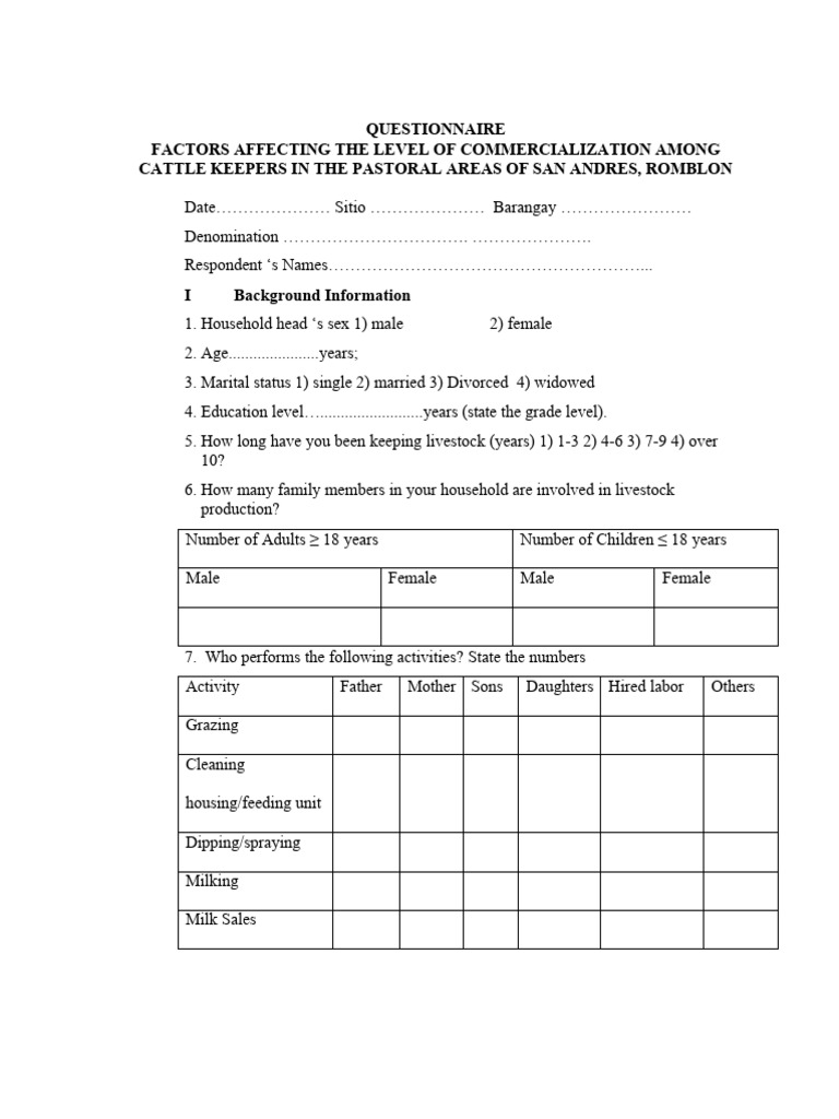 Danica Obriques Questionnaire | PDF | Cattle | Domesticated Animals