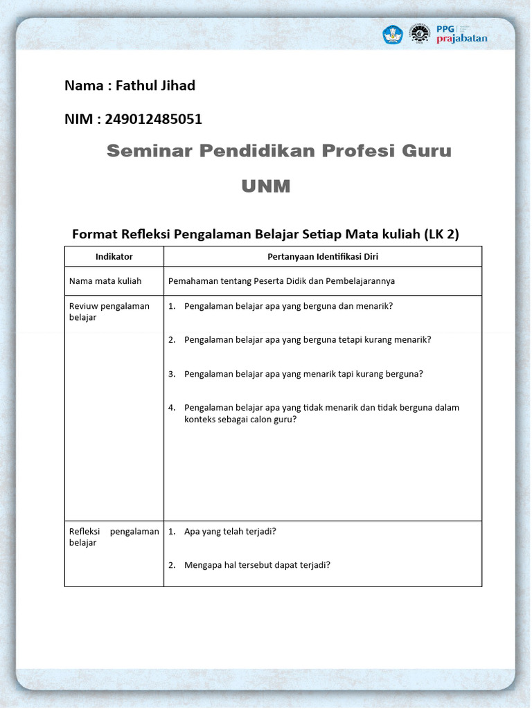 Template Jurnal Refleksi Seminar Pendidikan | PDF