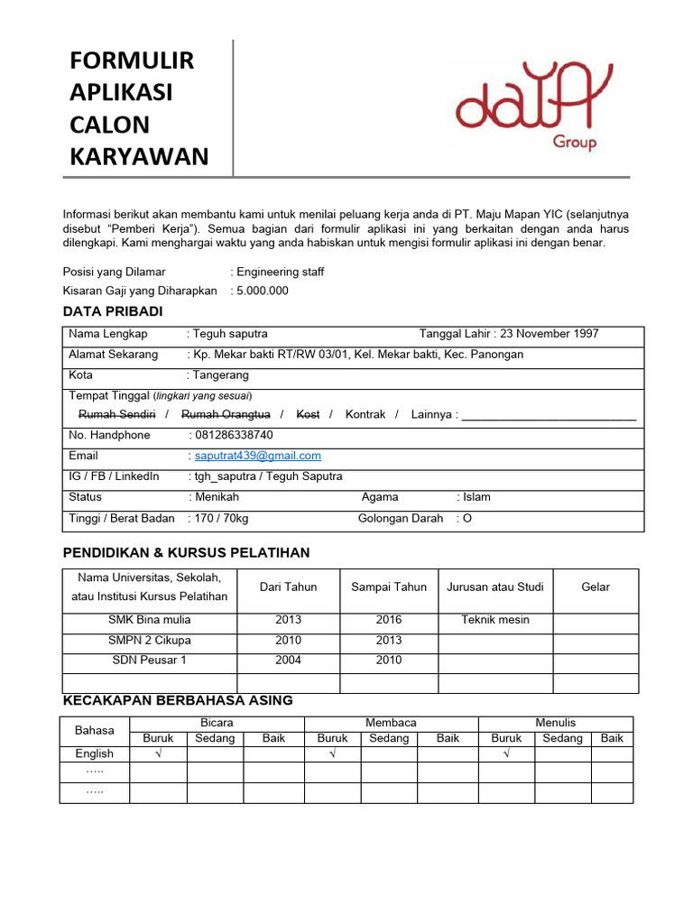 Form Aplikasi Calon Karyawan - Teguh Saputra - Engineering | PDF