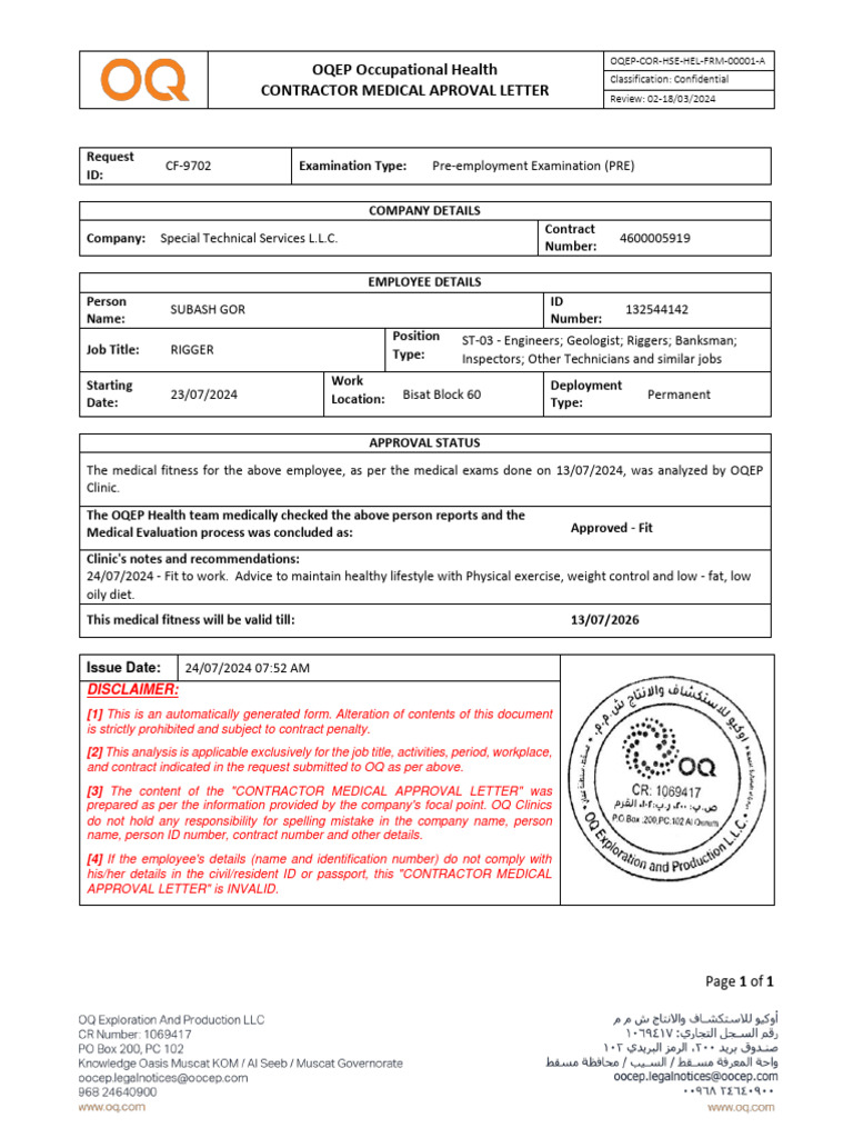Contractor Approval Letter - Special Technical Services L.L.C. - CF ...