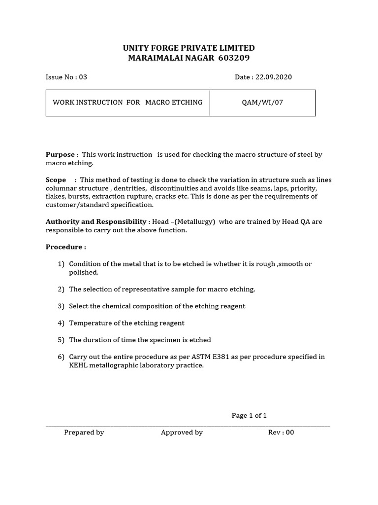Macro Etch Work Instruction | PDF