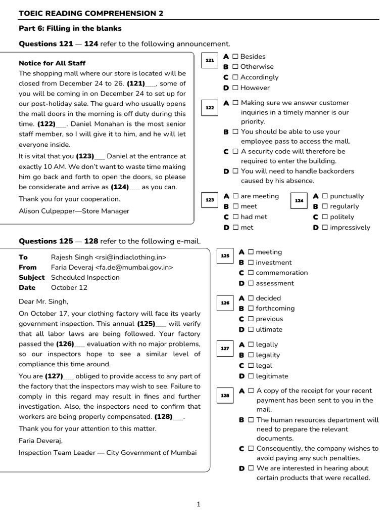 [UP] TOEIC Class RC 2 | PDF | Baggage