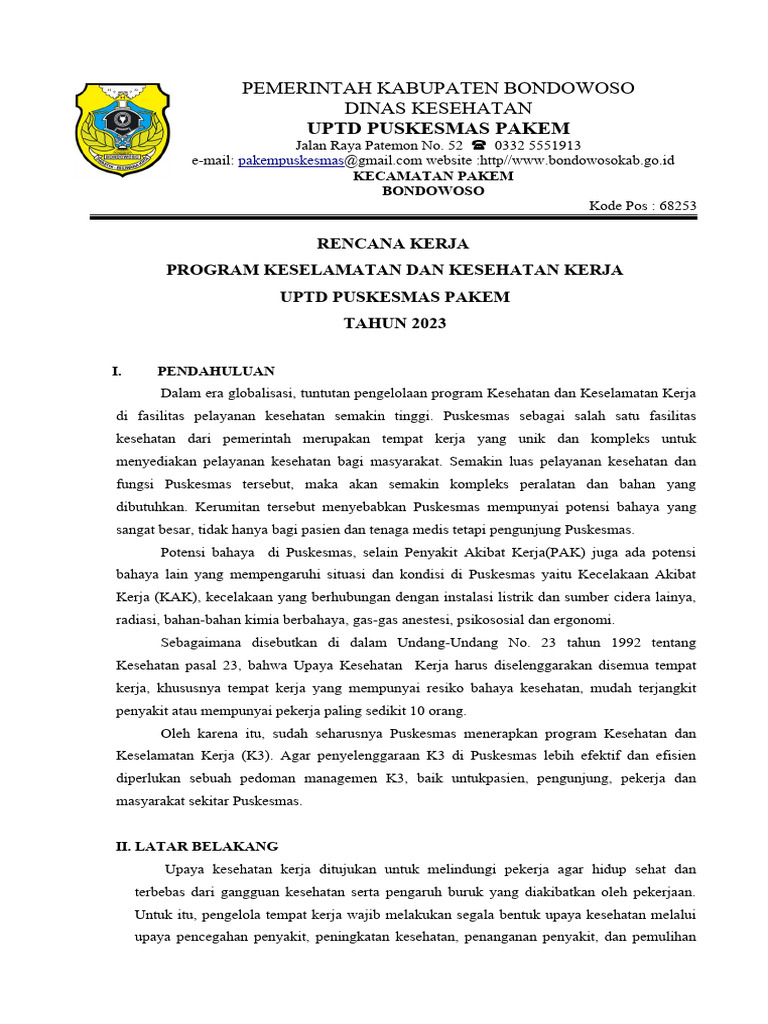 Rencana K3 Uptd Puskesmas Pakem 2023 Pdf