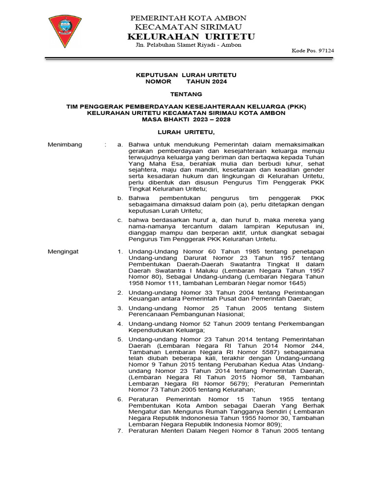 SK PKK KELURAHAN URITETU Tahun 2024 | PDF