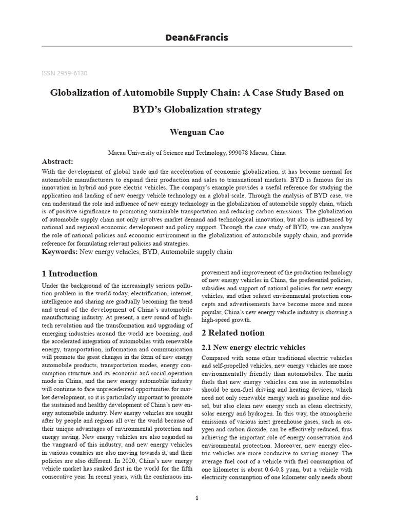 Globalization of Automobile Supply Chain: A Case Study Based On BYD's ...