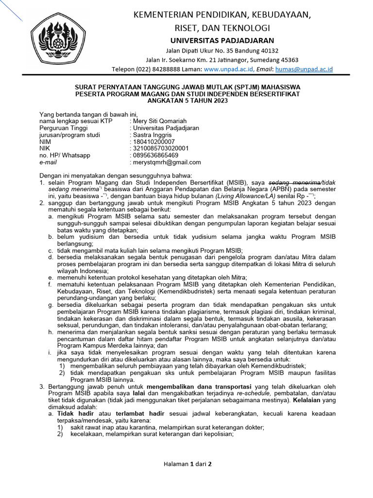 Template SPTJM - Mahasiswa MSIB Angkatan 5 | PDF