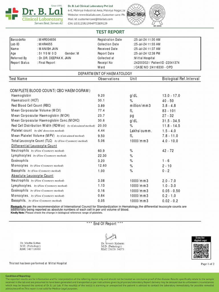 Labreportnew - 2024-07-25T151038.655 | PDF | White Blood Cell | Immunology