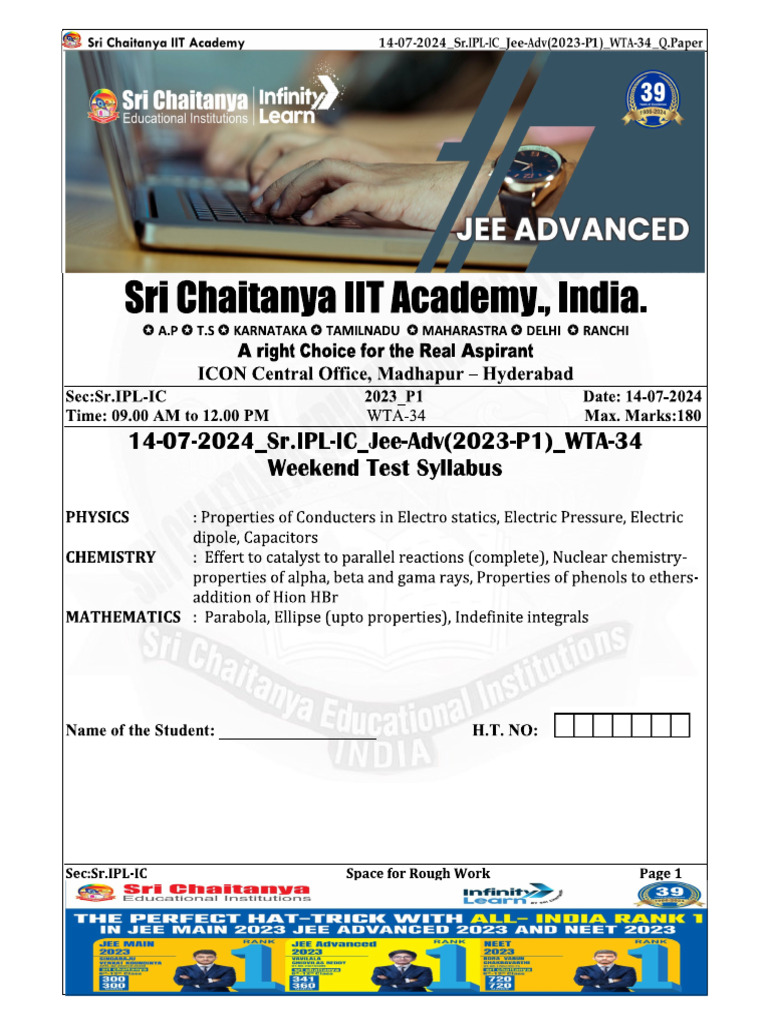 14 07 2024 - SR - IPL IC - Jee Adv (2023 P1) - WTA 34 - Q.Paper | PDF