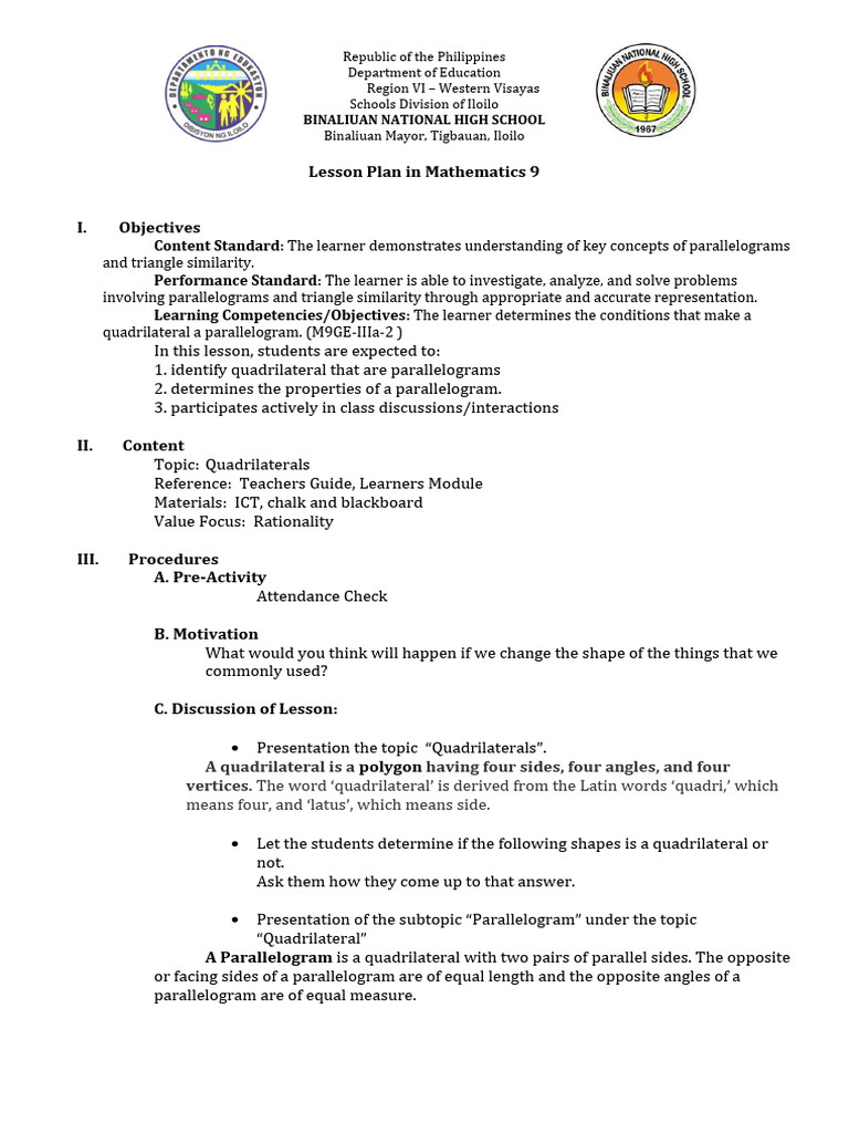 lesson plan math 9 | Download Free PDF | Elementary Geometry ...