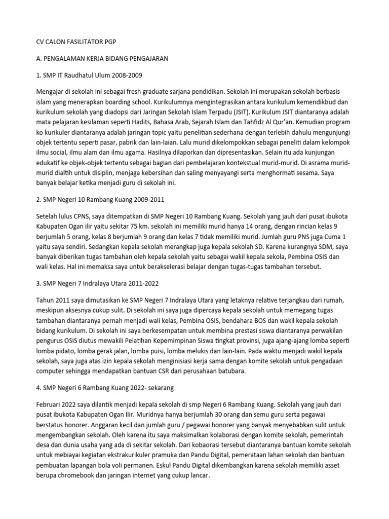 CV Calon Fasilitator PGP | PDF