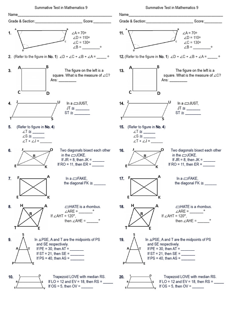Summative Test in Mathematics 9 Quadrilaterals | PDF | Geometry ...