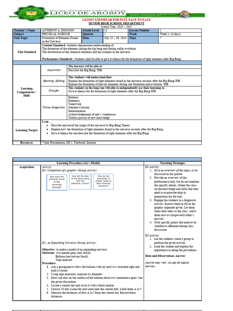 Grade 12 Physical Science Lesson Plan | PDF | Universe | Big Bang