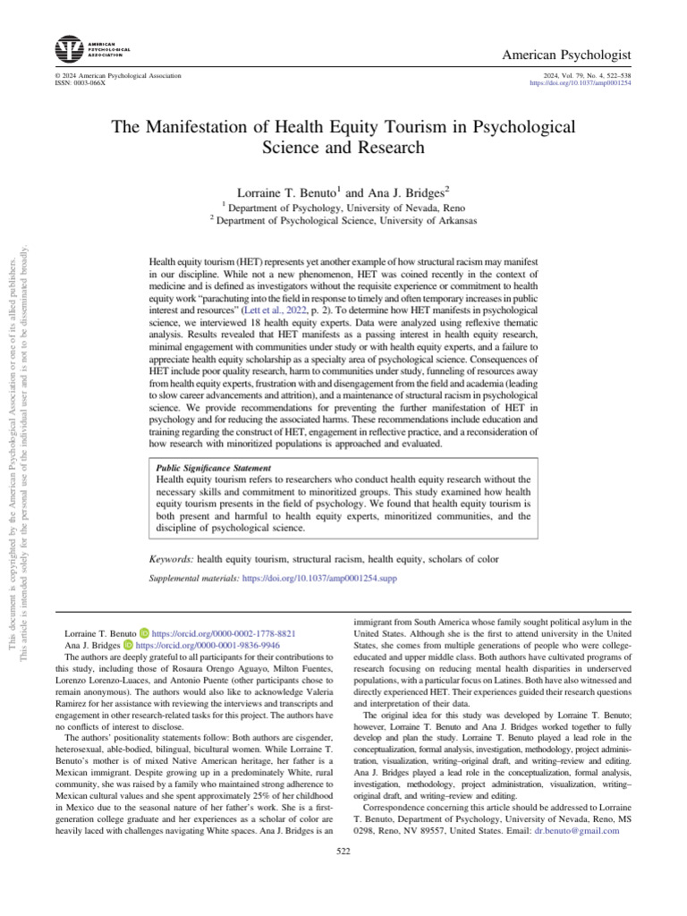 The Manifestation of Health Equity Tourism in Psychological Science and Research | PDF ...