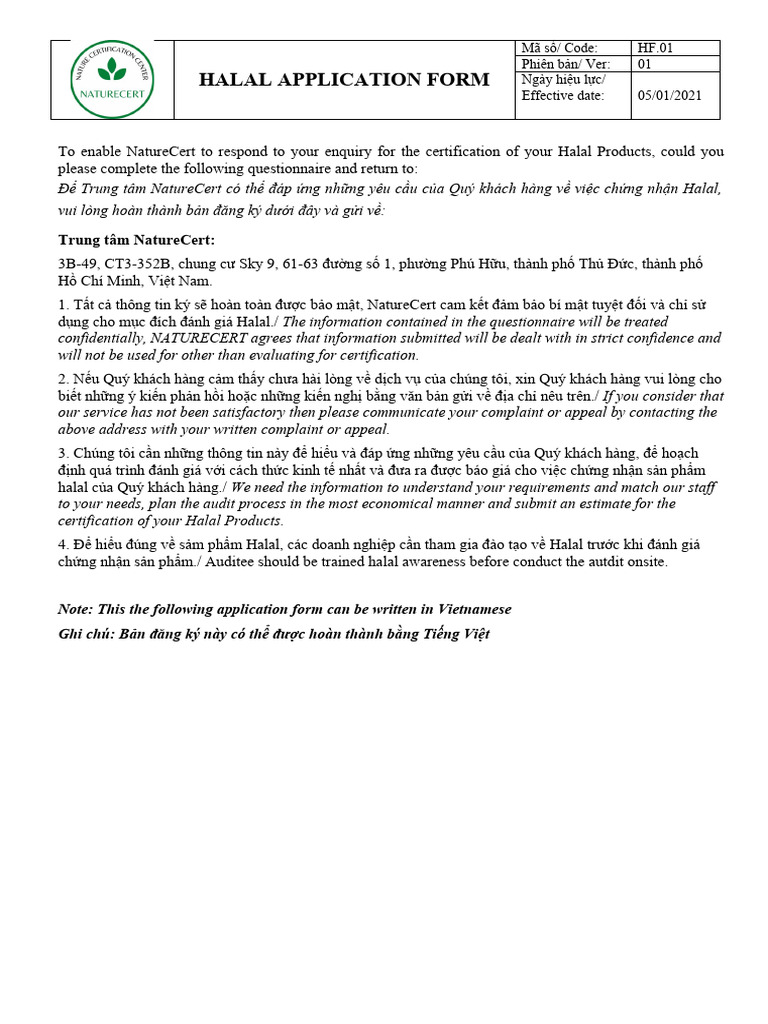 Halal Form 01 - Application | PDF