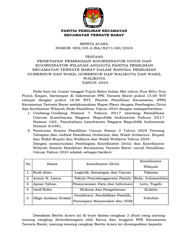 Ba Koordinator Wilayah & Divisi Ternate Barat | PDF