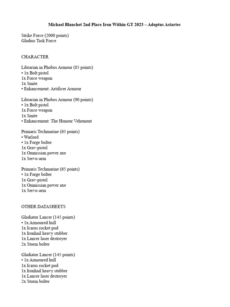 Michael Blanchet 2nd Place Iron Within GT 2023 - Adeptus Astartes | PDF ...