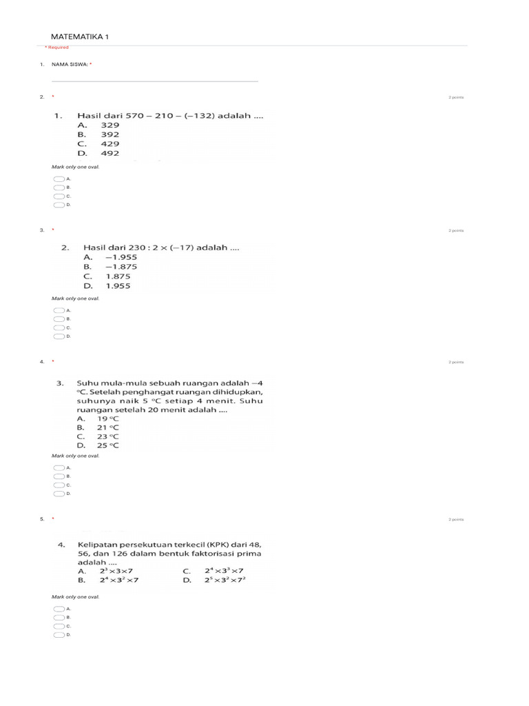 LATIHAN SOAL MATEMATIKA 1 - Google Forms | PDF
