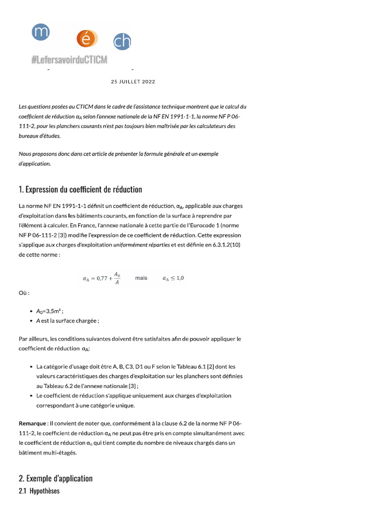 Coefficient de Réduction Des Charges D'exploitation Des Planchers ...