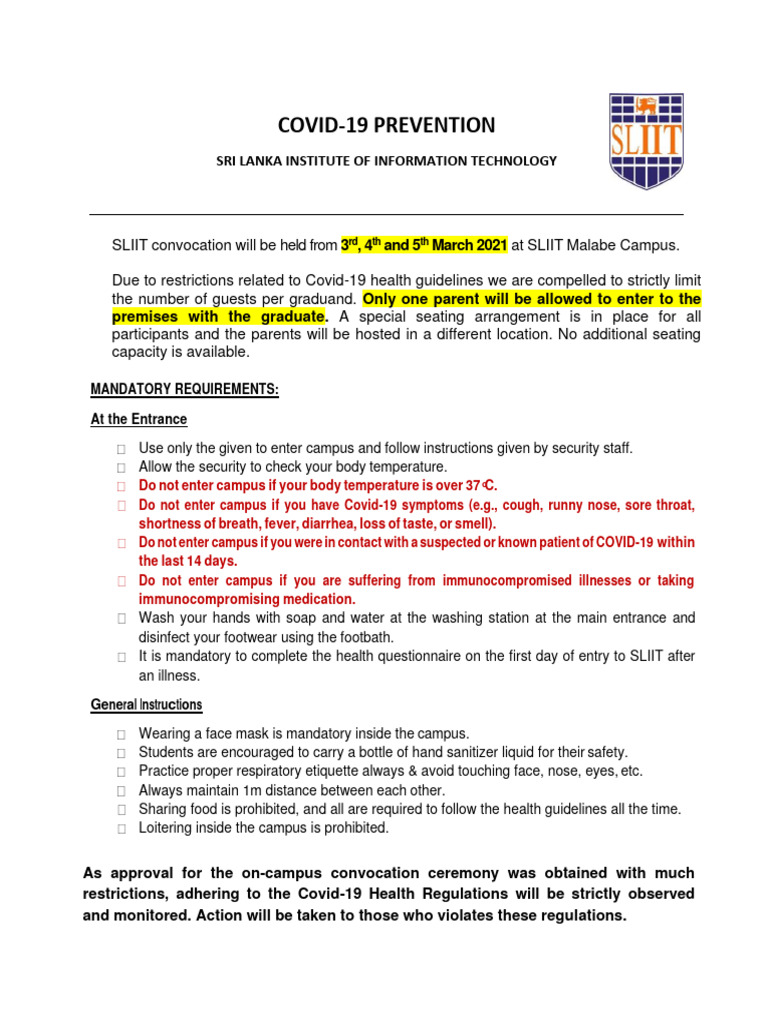 SLIIT Covid19 Reminder Jan 2021 | PDF