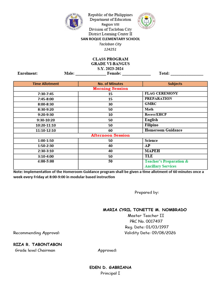 GRADE 6 (Class Program) S. Y. 2023-2024 | PDF | Schools