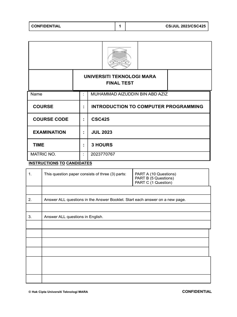 CSC425 Final Test Jul 2023 (QUESTION) MUHAMMAD AIZUDDIN BIN ABD AZIZ ...