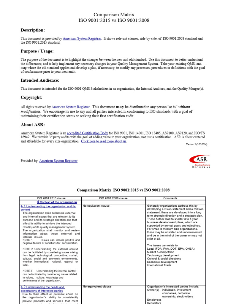 ISO 9001 2015 2008 Correlation Matrix From ASR Registrar | PDF ...