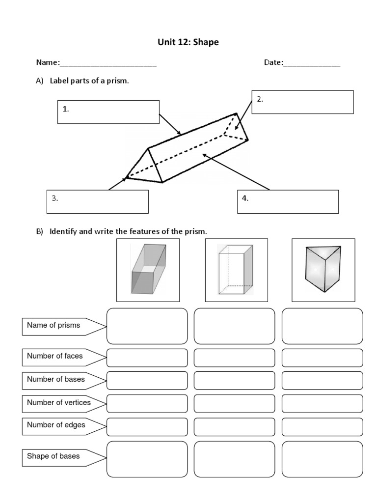 Unit 12: Shape: Name: - Date: - A) Label Parts of A Prism. 2. 1 | PDF ...