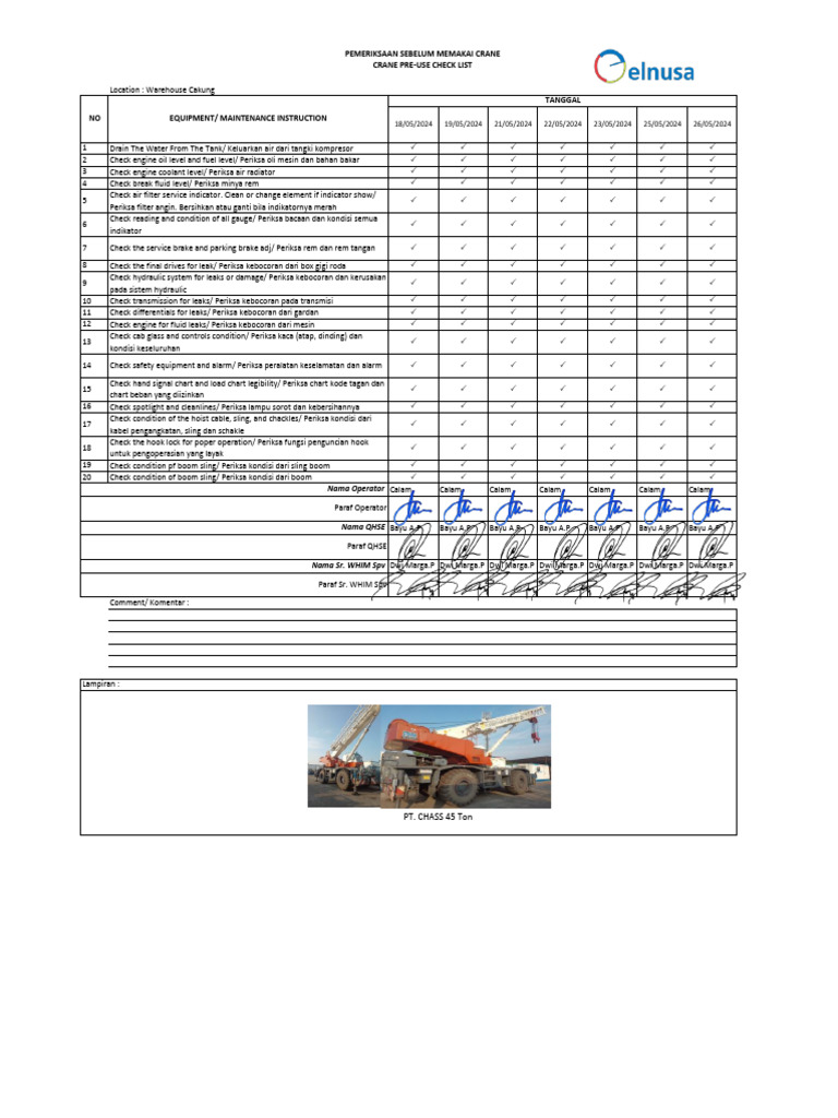 05.02 Mei 2024 Inspeksi Pre-Use Crane | PDF
