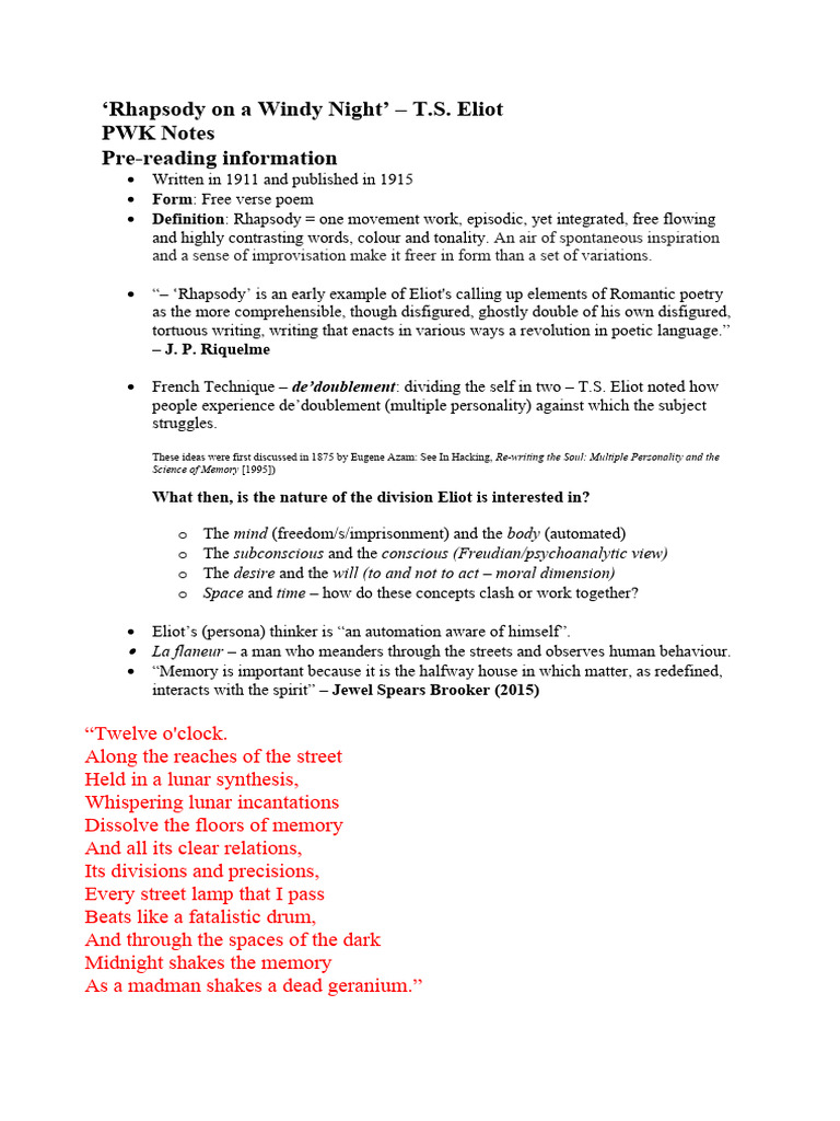 Rhapsody On A Windy Night' PWK Notes | PDF | Moon | Consciousness