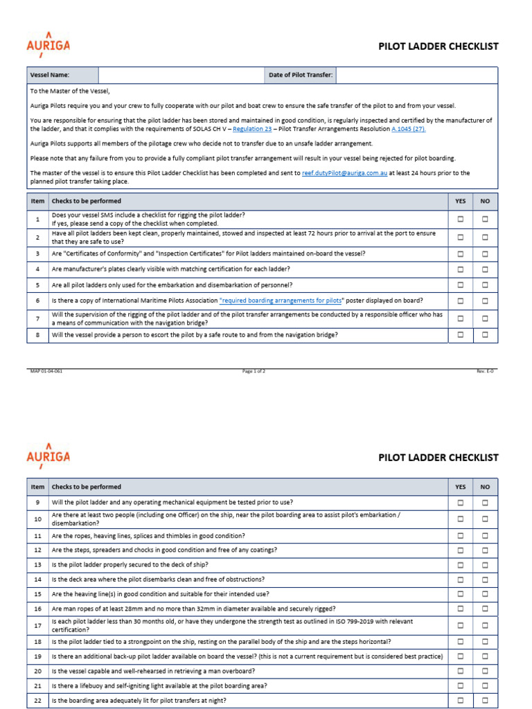 Pilot Ladder Safety Checklist | PDF | Maritime Pilot | Ships